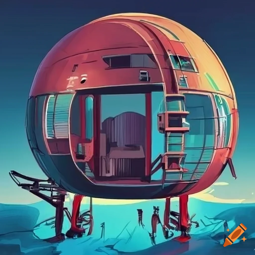 Retro futurism living pod with unique landing stilts on Craiyon