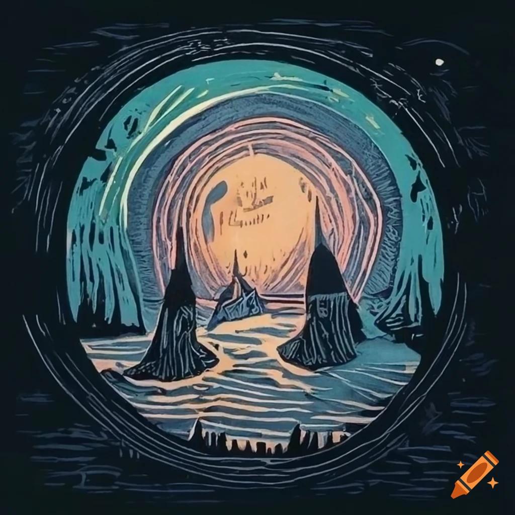 Linocut of a castle in a magical forest under the moonlight