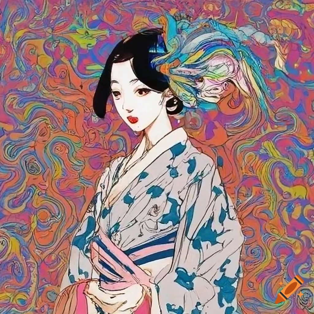 Colorful manga sketch of a Japanese woman on Craiyon