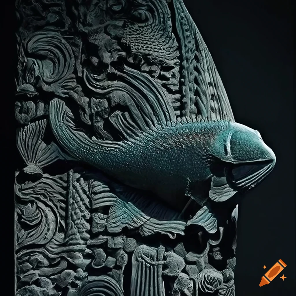 Carving of fish in architectural style on Craiyon