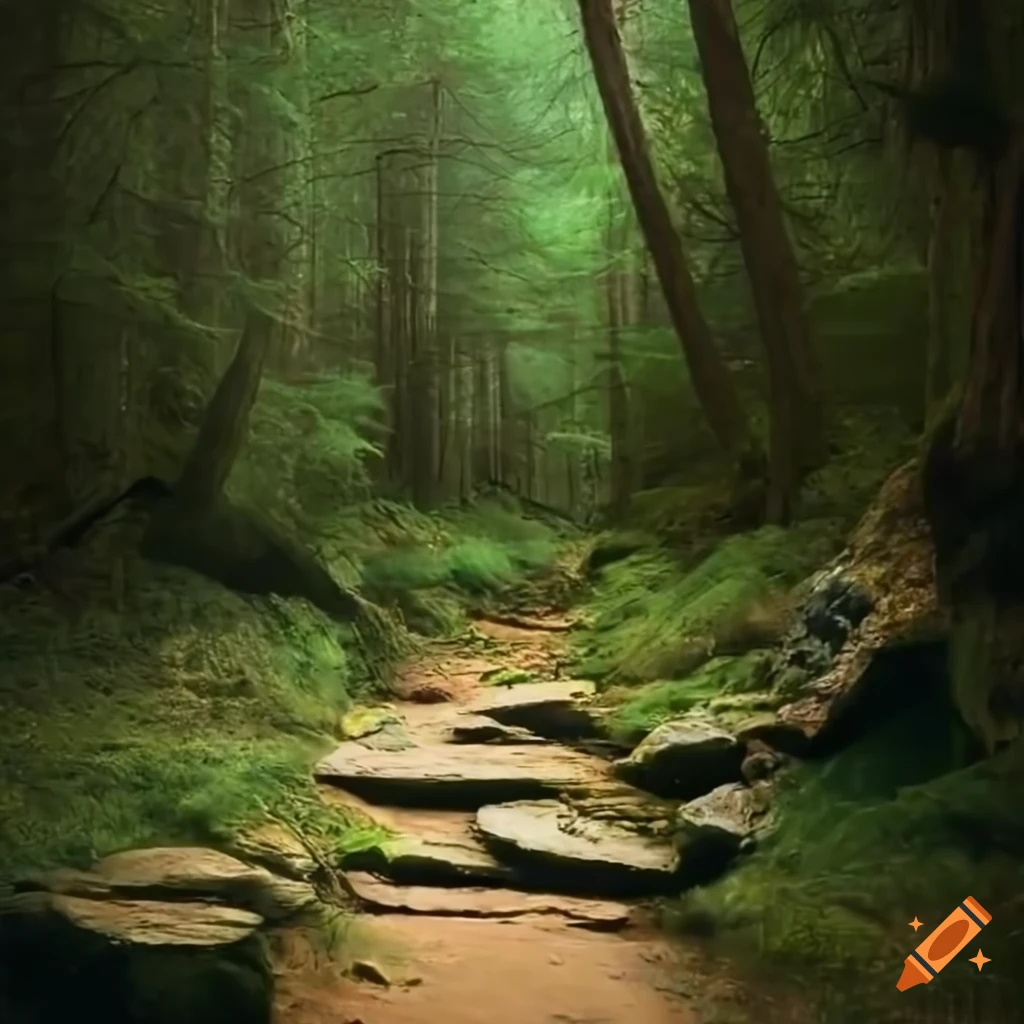 Path surrounded by pine trees in a forest on Craiyon