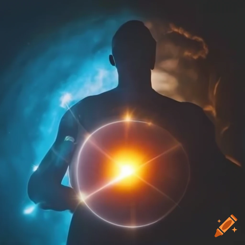 Silhouette of a powerful hero in front of a bright glowing explosion on ...