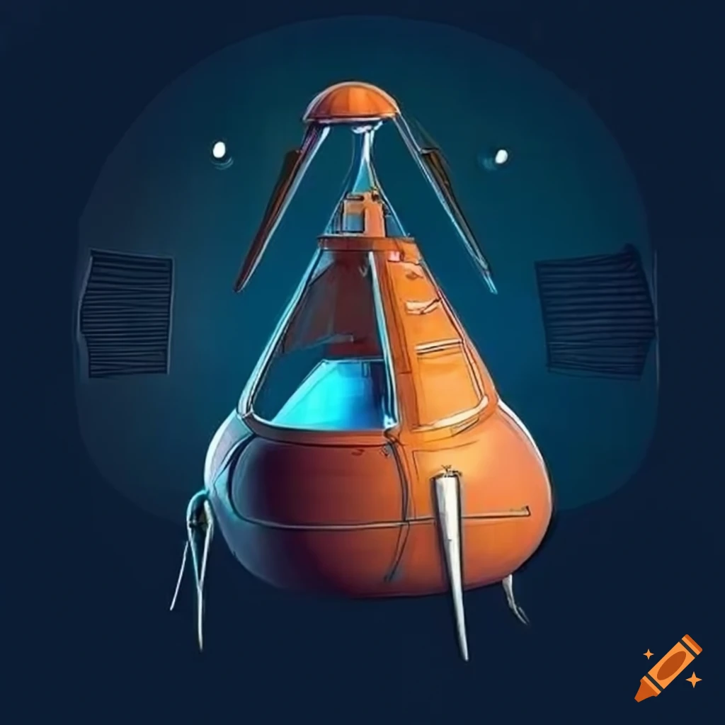 Retro-futuristic technical drawing of a unique living pod with landing ...