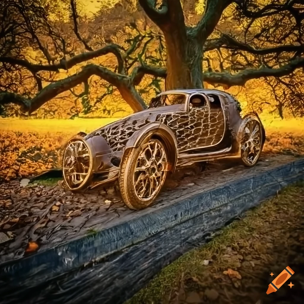 Detailed carving of a Bugatti car on an oak tree by a stream at sunset ...