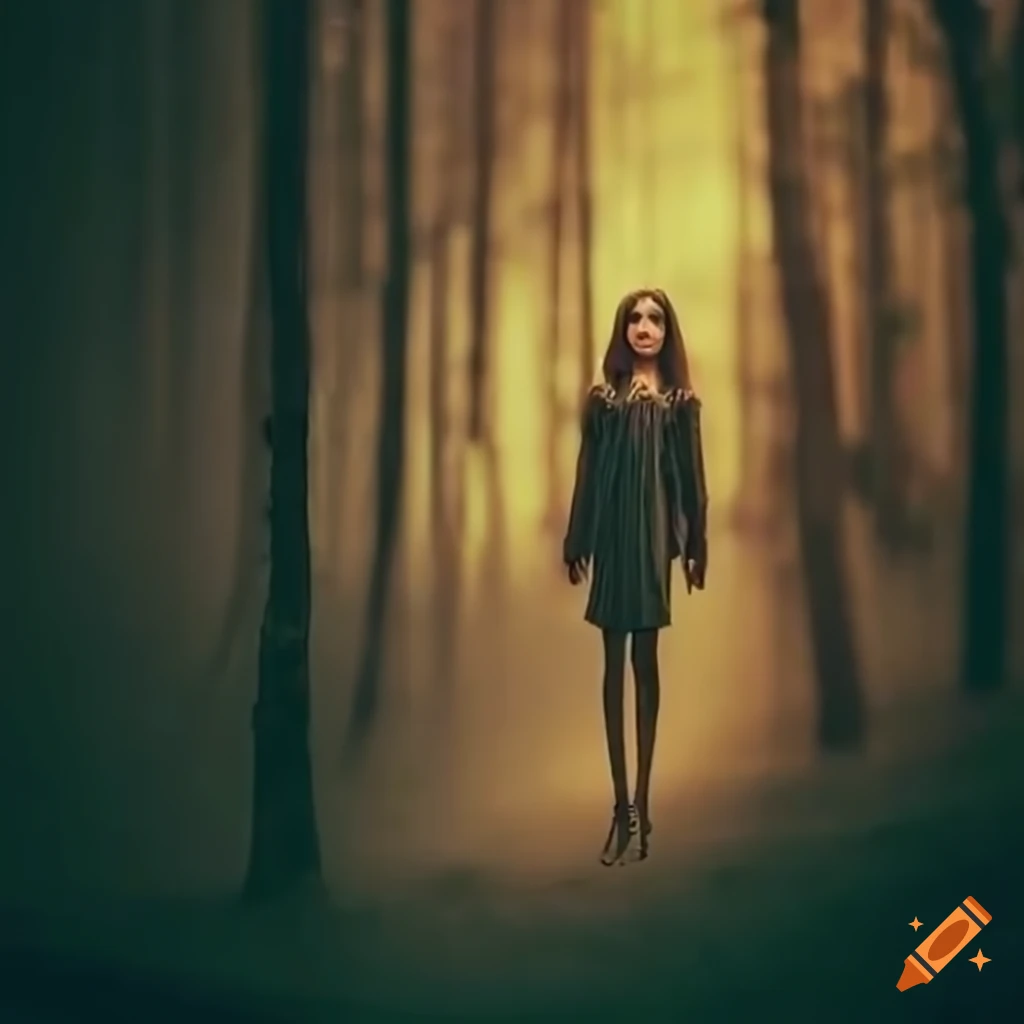 Witch standing among pine trees in analog photo on Craiyon