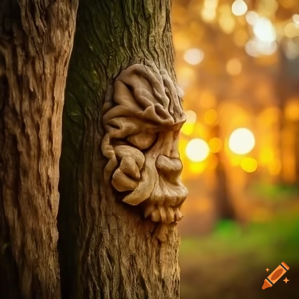 Elaborately carved brain on an old oak tree by a stream