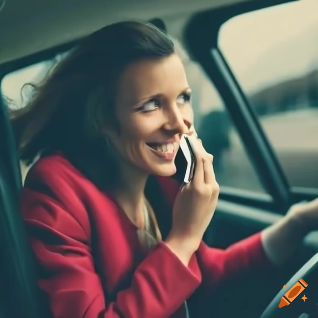 Woman talking on cell phone in car on Craiyon