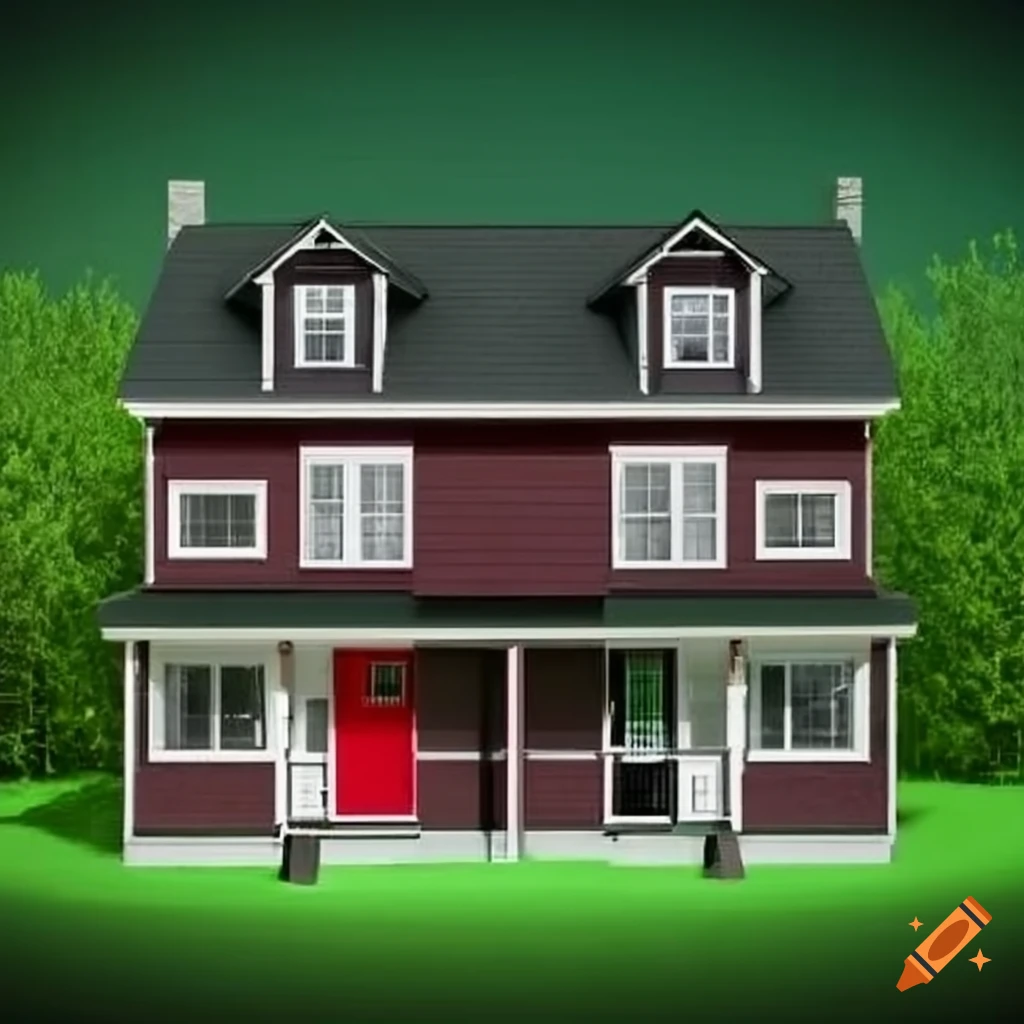 Colorful duplex house with red and gray on one half and green and dark ...