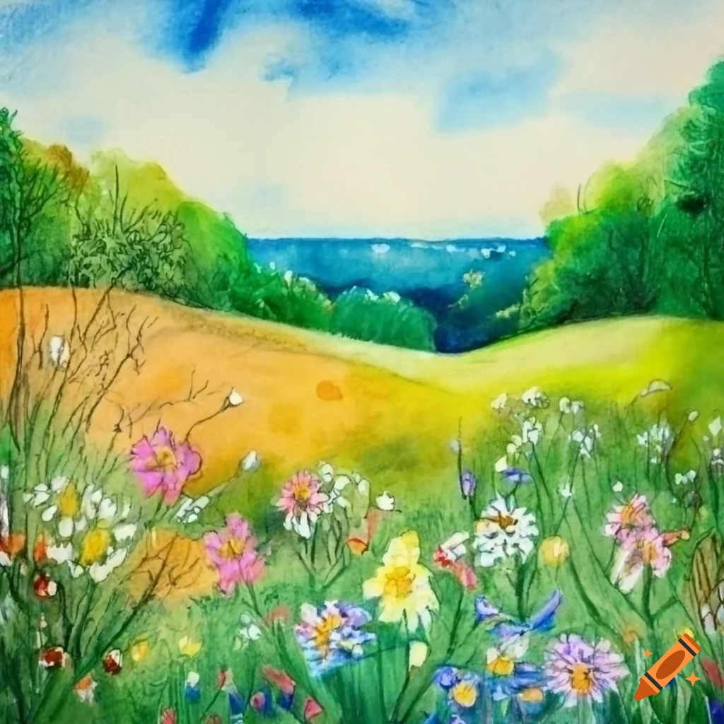 Colored pencil artwork of a flowery meadow on hills