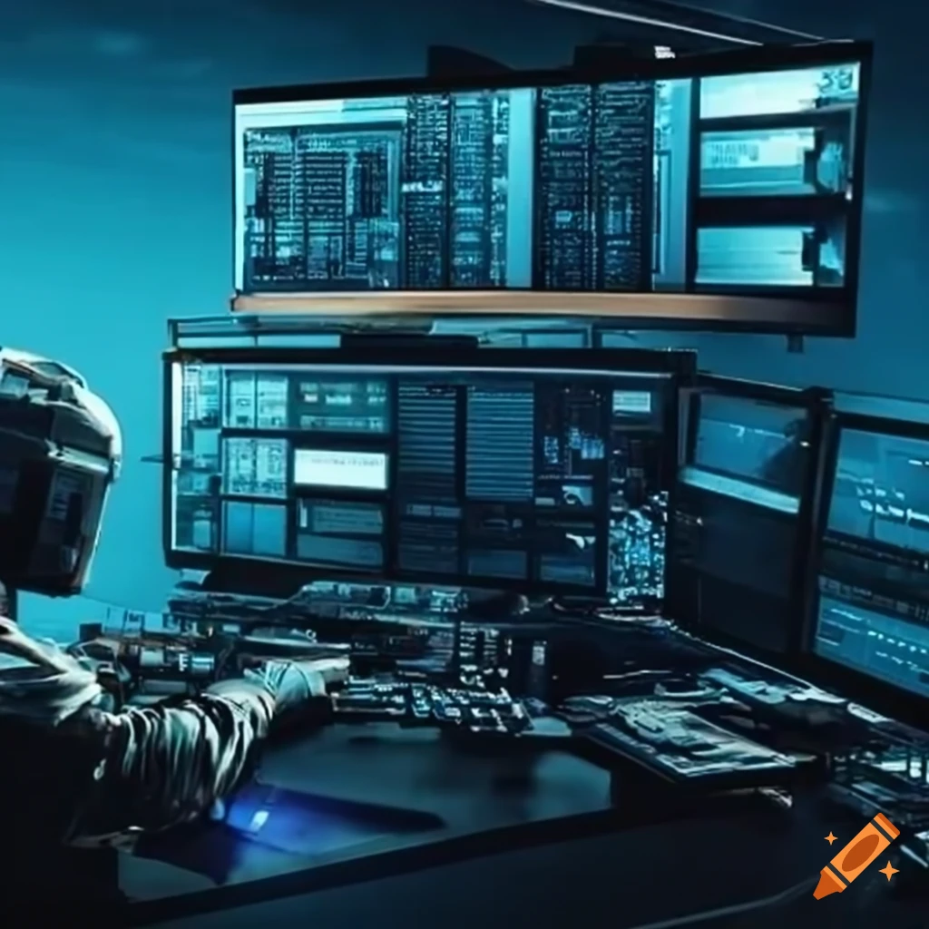 Tech professional working with multiple monitors and keyboards in an office setting on Craiyon