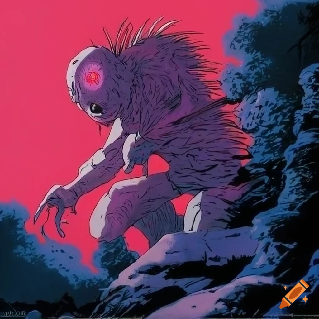 Colorful and grainy artwork of a strange creature from 90's manga on ...