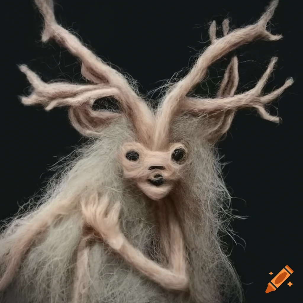 Elaborate animal-like forest spirit in vivid green moss surrounded by a ...