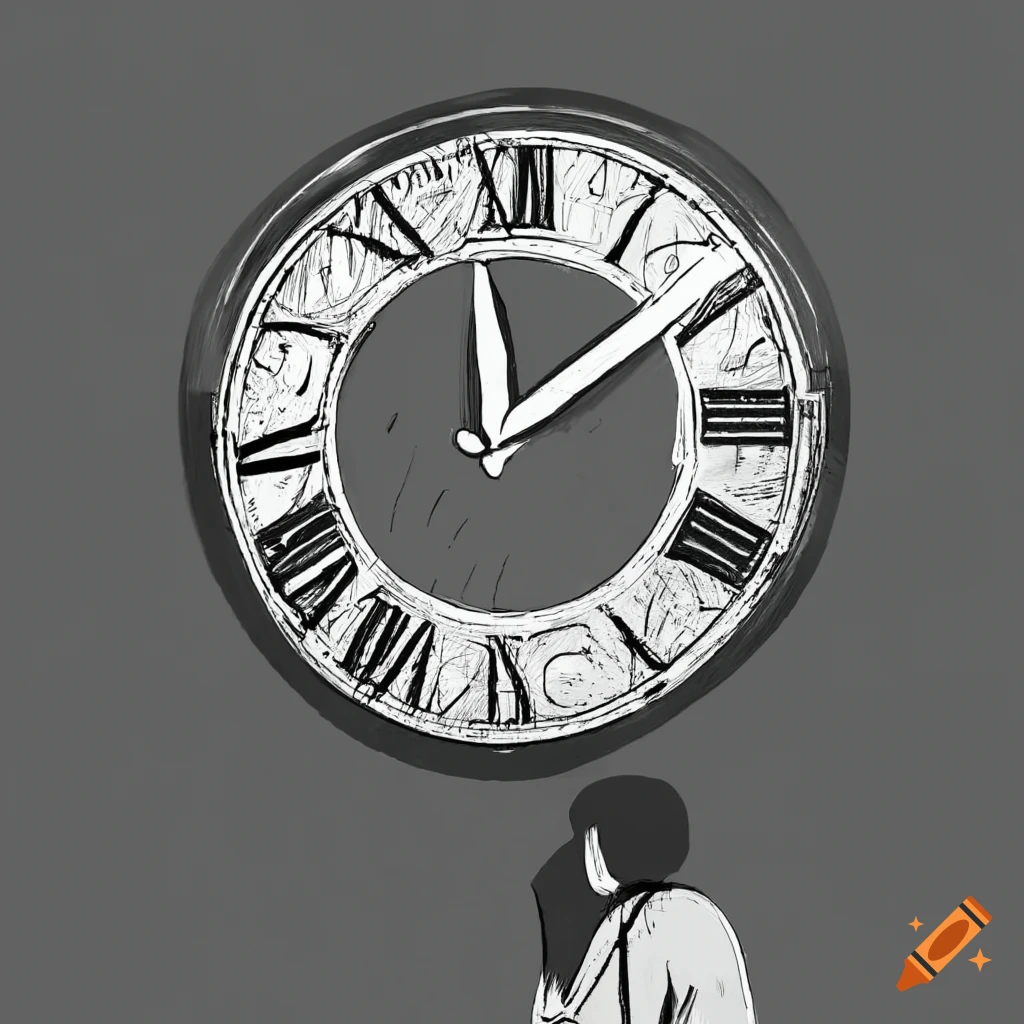 Man arguing with a clock in black and white line drawing on Craiyon