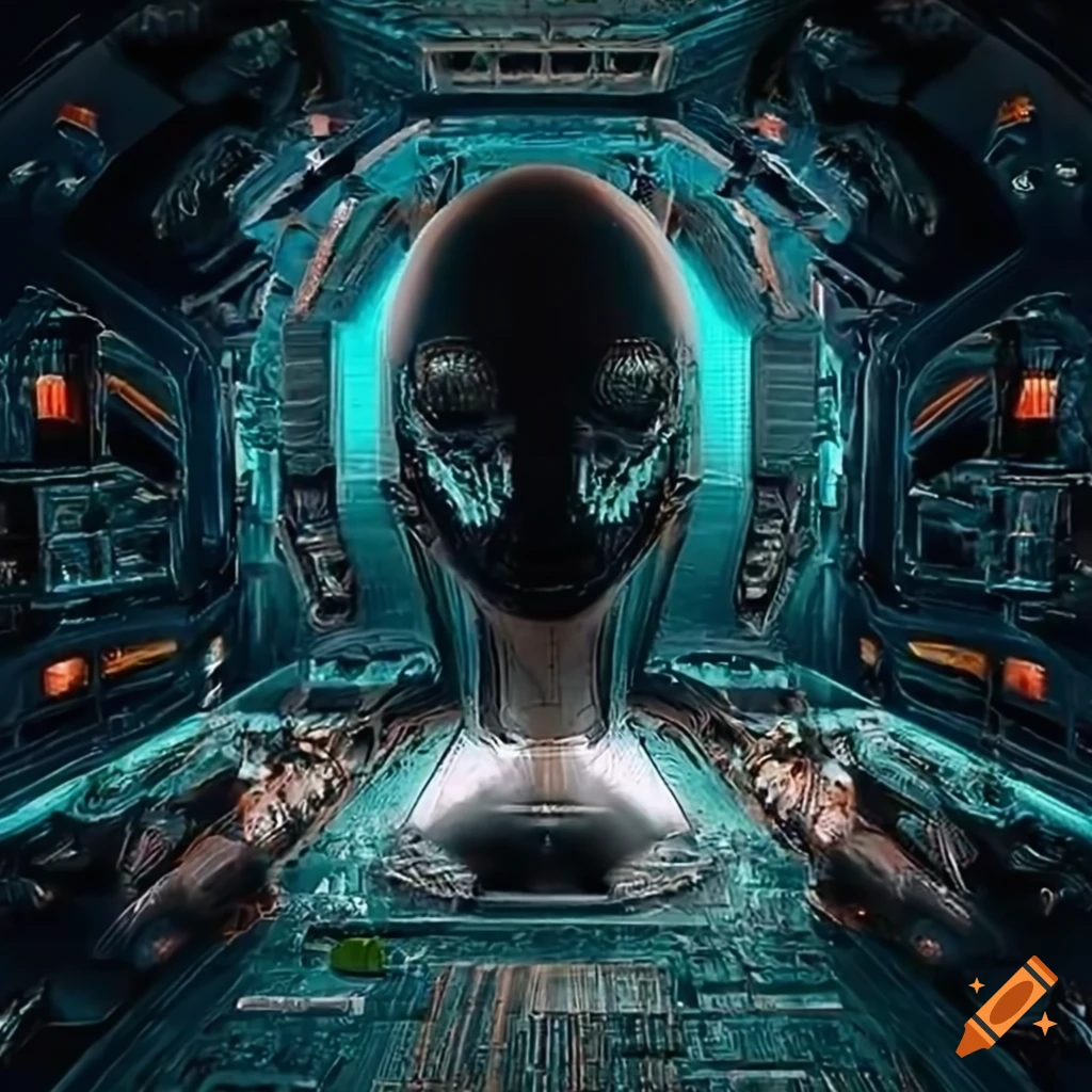 Surrealist image of aliens inside a spaceship on Craiyon