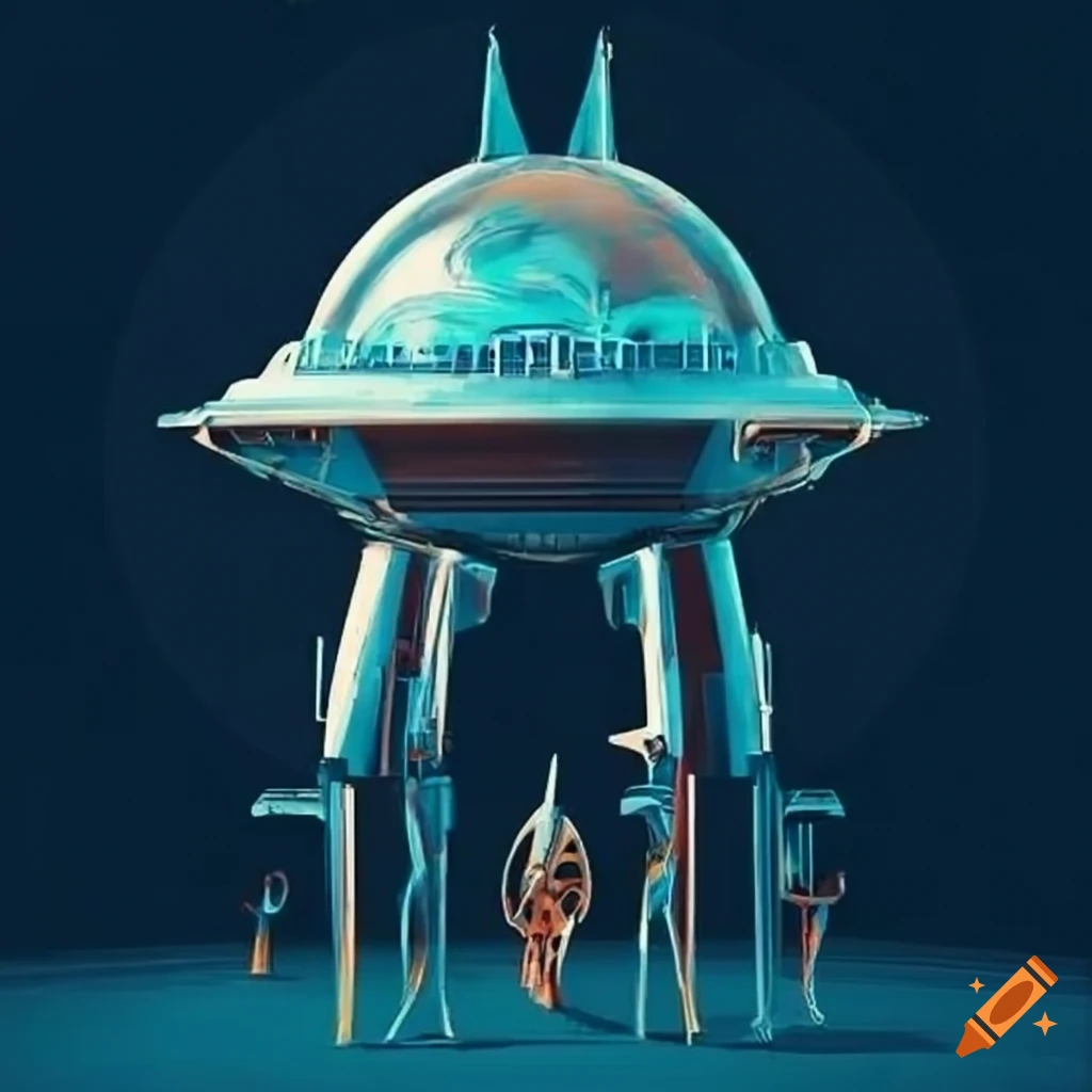 Detailed technical drawing of a retro-futuristic living pod on Craiyon