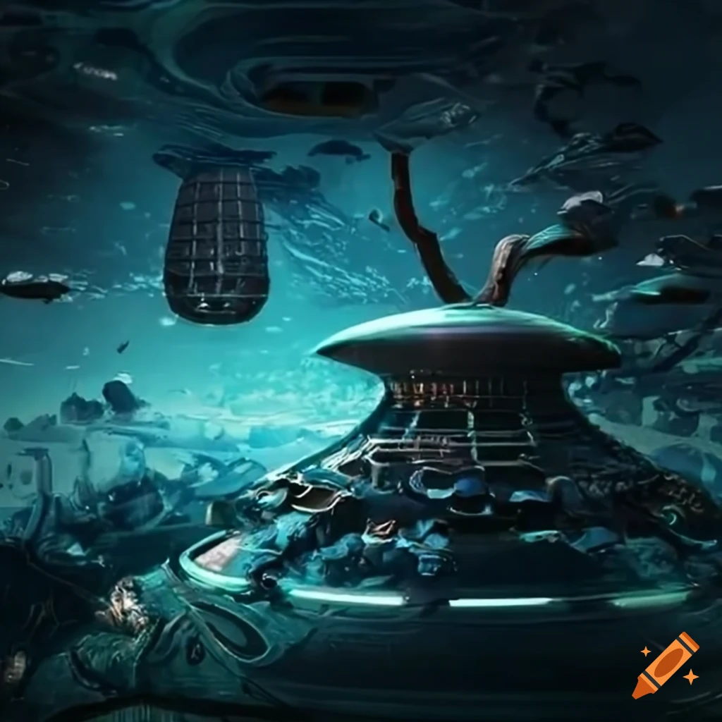 Surrealist alien spaceship with strange machines