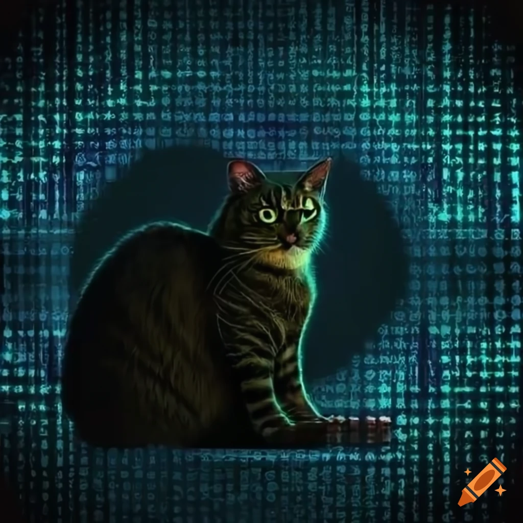 Cat working on multiple screens with code background