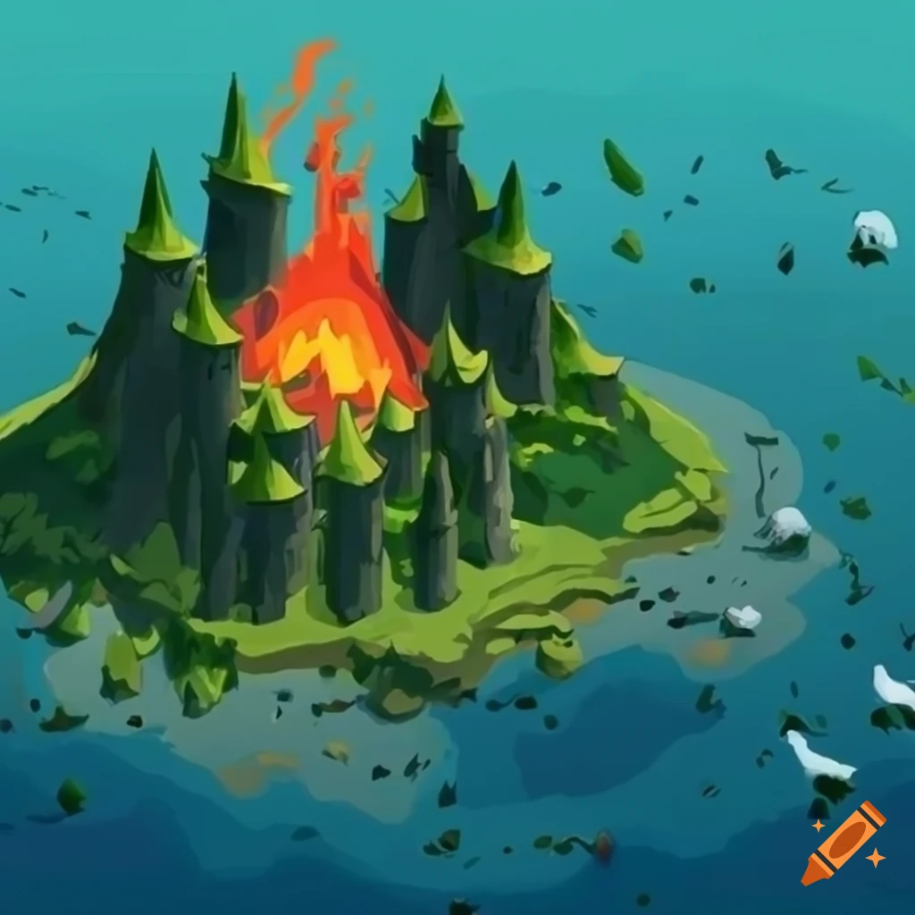 Isometric view of a fantasy island with castles and volcanoes on Craiyon