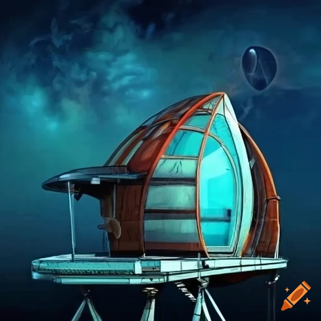 Retro futurism living pod with unique landing stilts on Craiyon