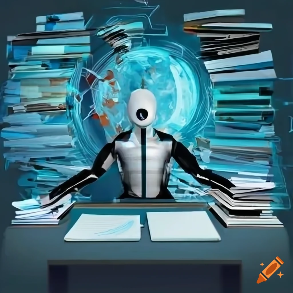 Abstract AI agent sitting at a messy desk on Craiyon