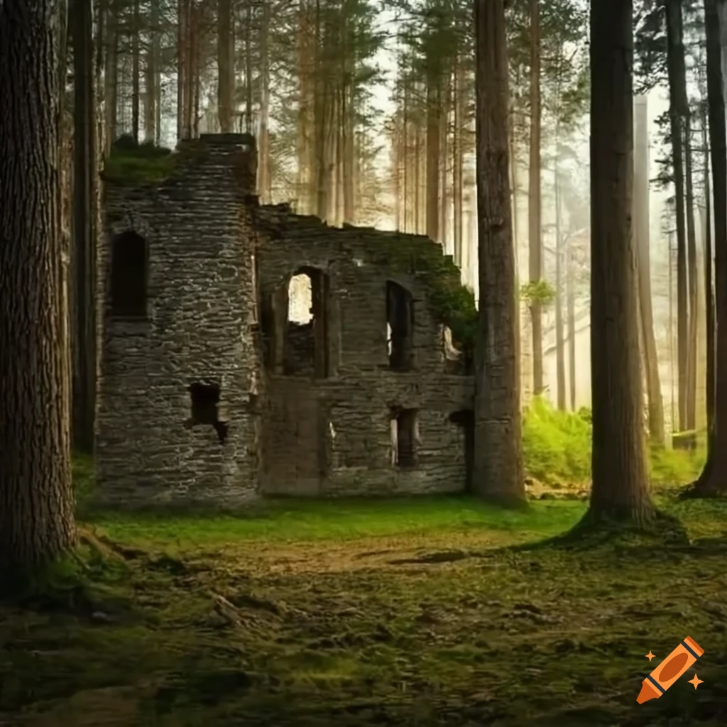 Ancient castle ruins in a pine forest on Craiyon