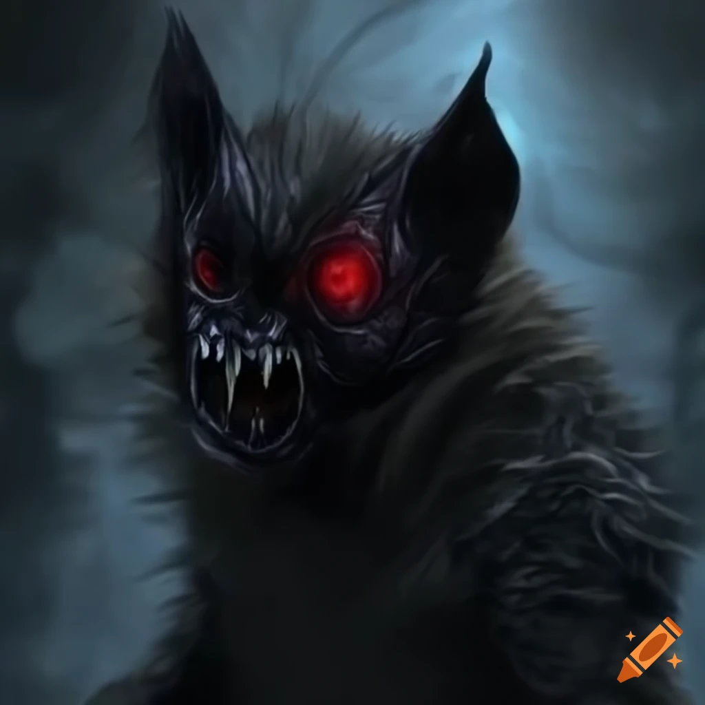 Artistic depiction of a bat-like creature with black fur and red eyes ...