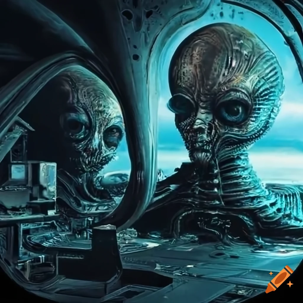 Surreal image of aliens inside a unique spaceship