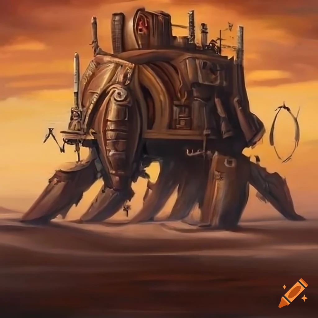 Fantasy oil painting of a mechanical base in a desert on Craiyon
