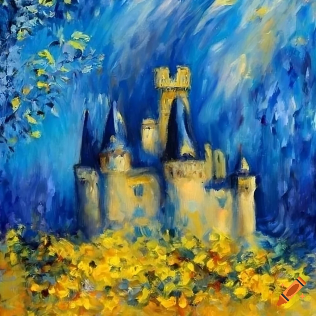 Renoir style oil painting of a blue castle with yellow flowers