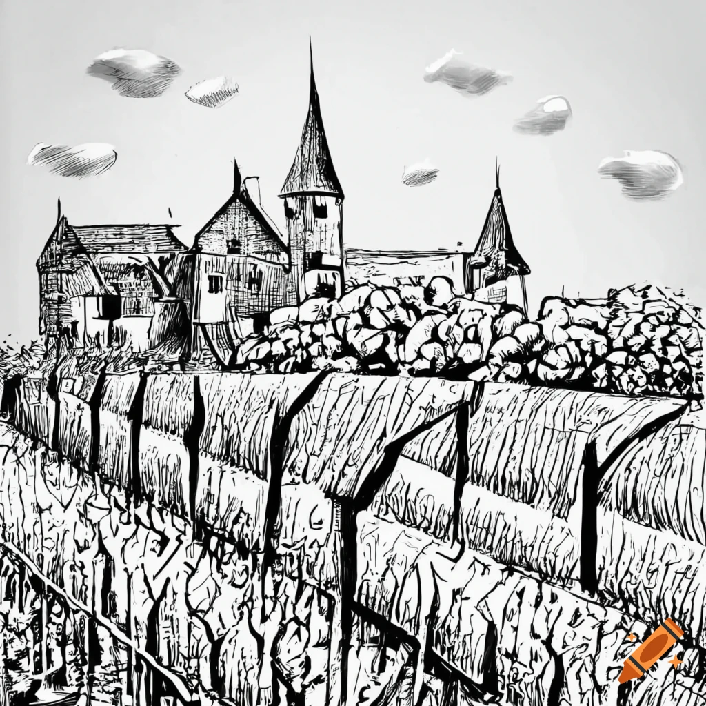 Hand-drawn medieval vineyard with workers in the field on Craiyon