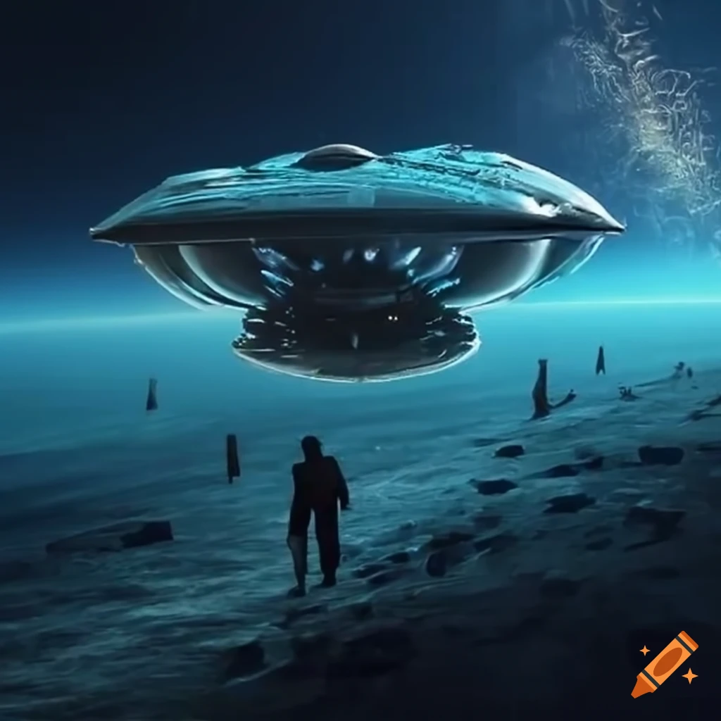 Surrealist artwork of aliens inside organic spaceship