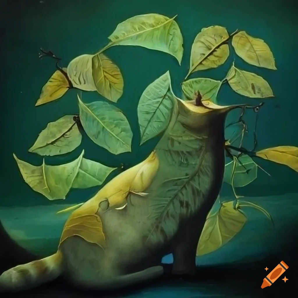 Surreal painting of leaves and cats on Craiyon