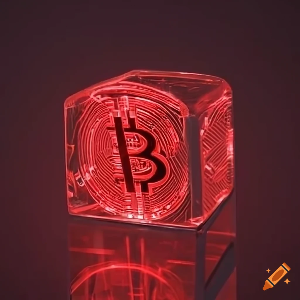 Red glass bitcoin in a steamy glass cube on Craiyon