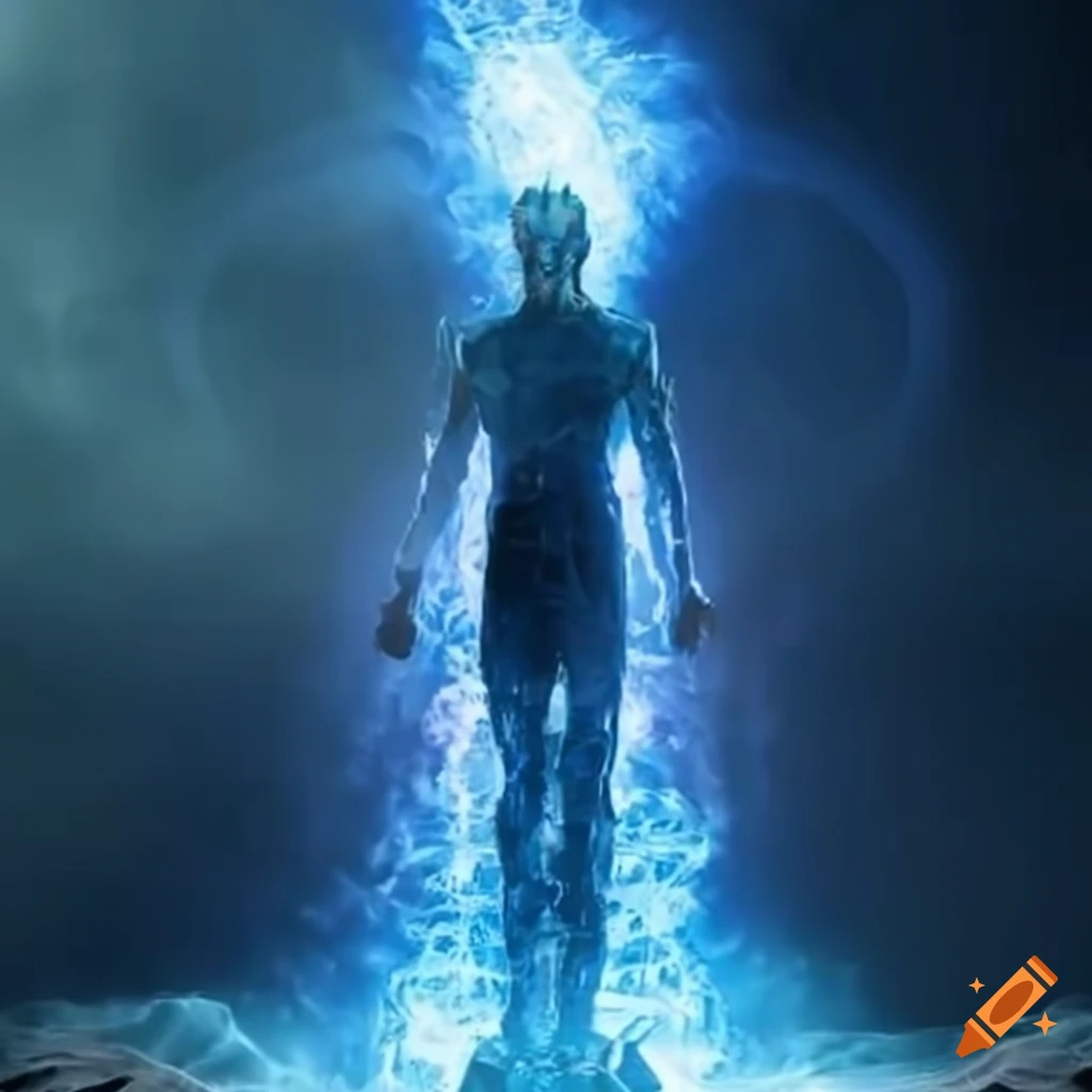 Transparent glowing superhero in front of energy portal