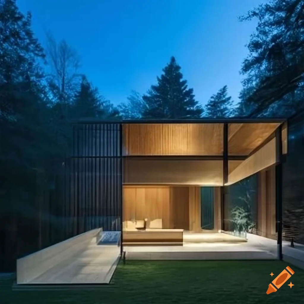 Modern house in the forest with clear blue sky