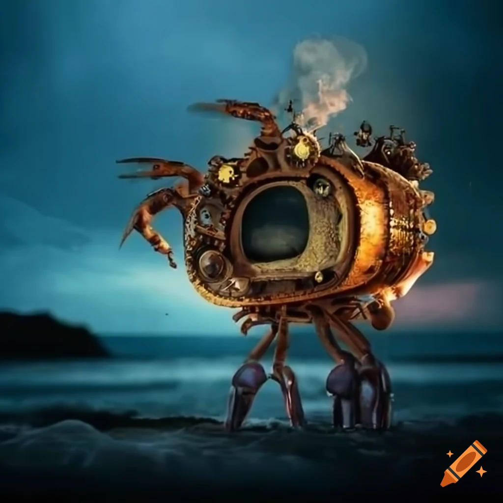 Steampunk machines on the beach with smoking shells on Craiyon