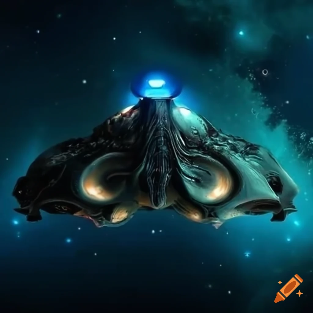 Surrealist aliens inside a spaceship with strange machines