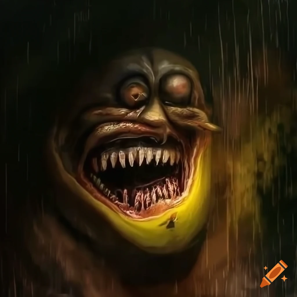 Surreal artwork of a laughing banana-man in a cave on Craiyon