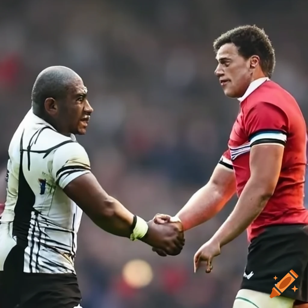 Fiji and wales rugby players shaking hands on Craiyon
