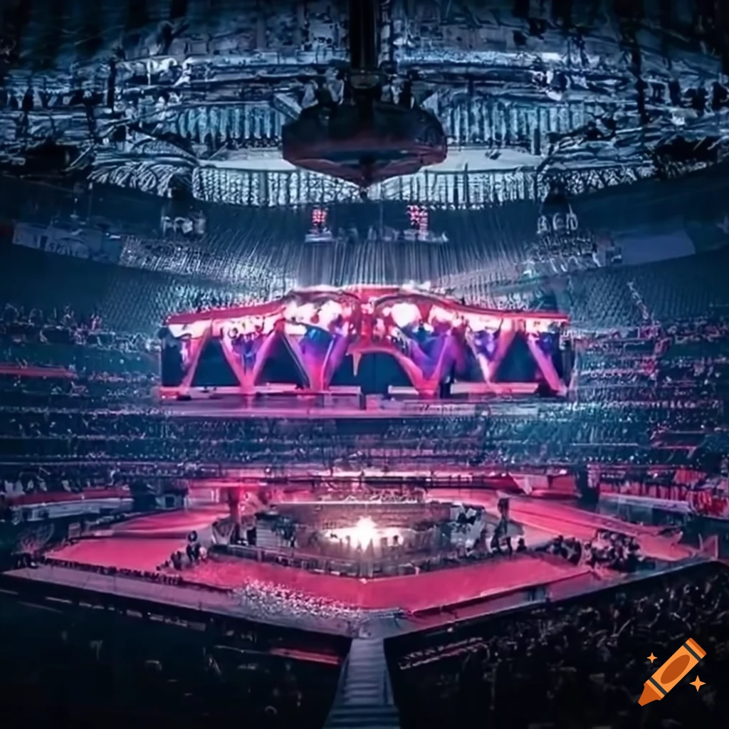 Bird's eye view of a concert in a packed arena on Craiyon