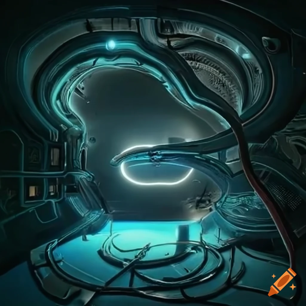 Surrealist artwork of aliens inside organic spaceship on Craiyon