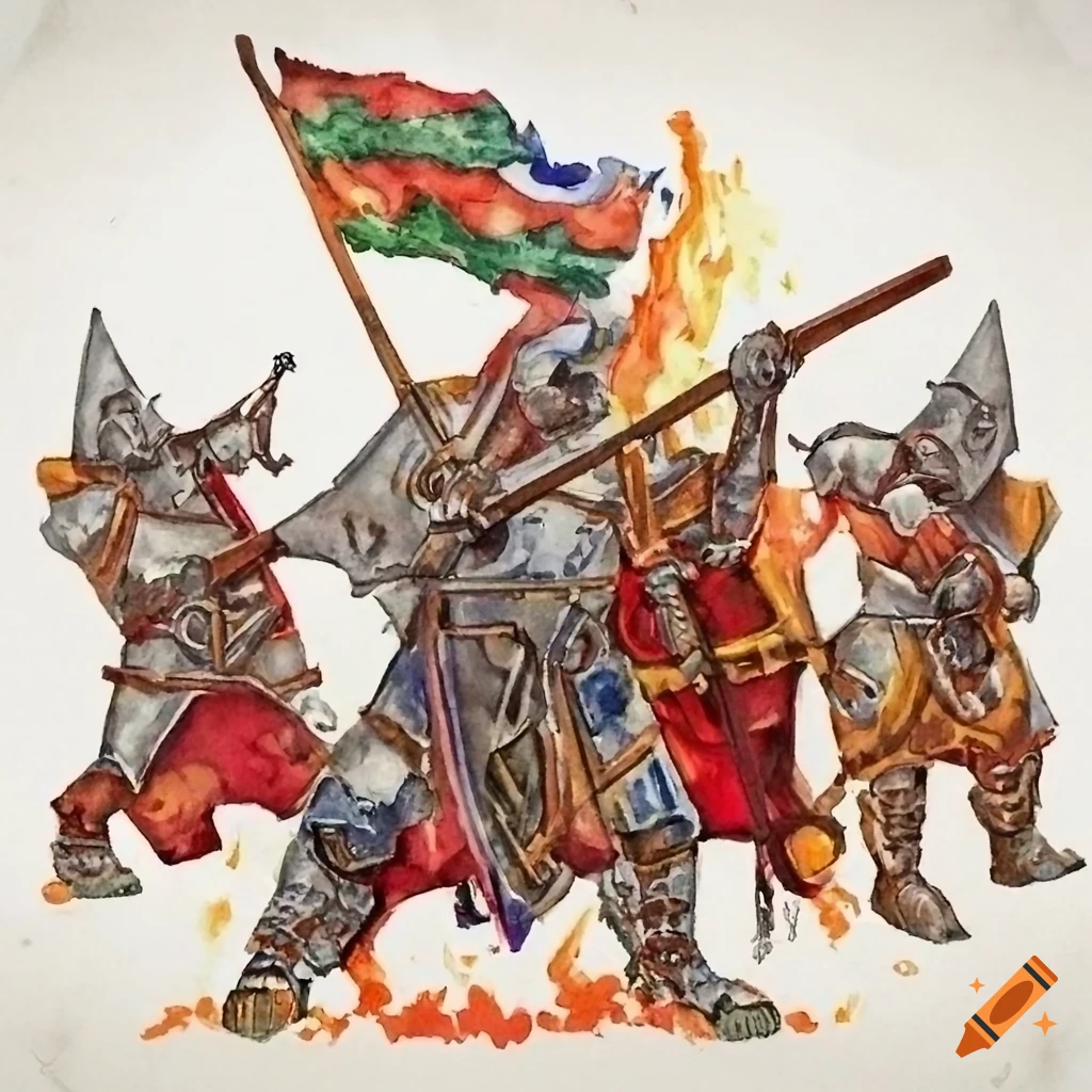 Watercolor painting of a fierce battle between anthro knight wolves and ...