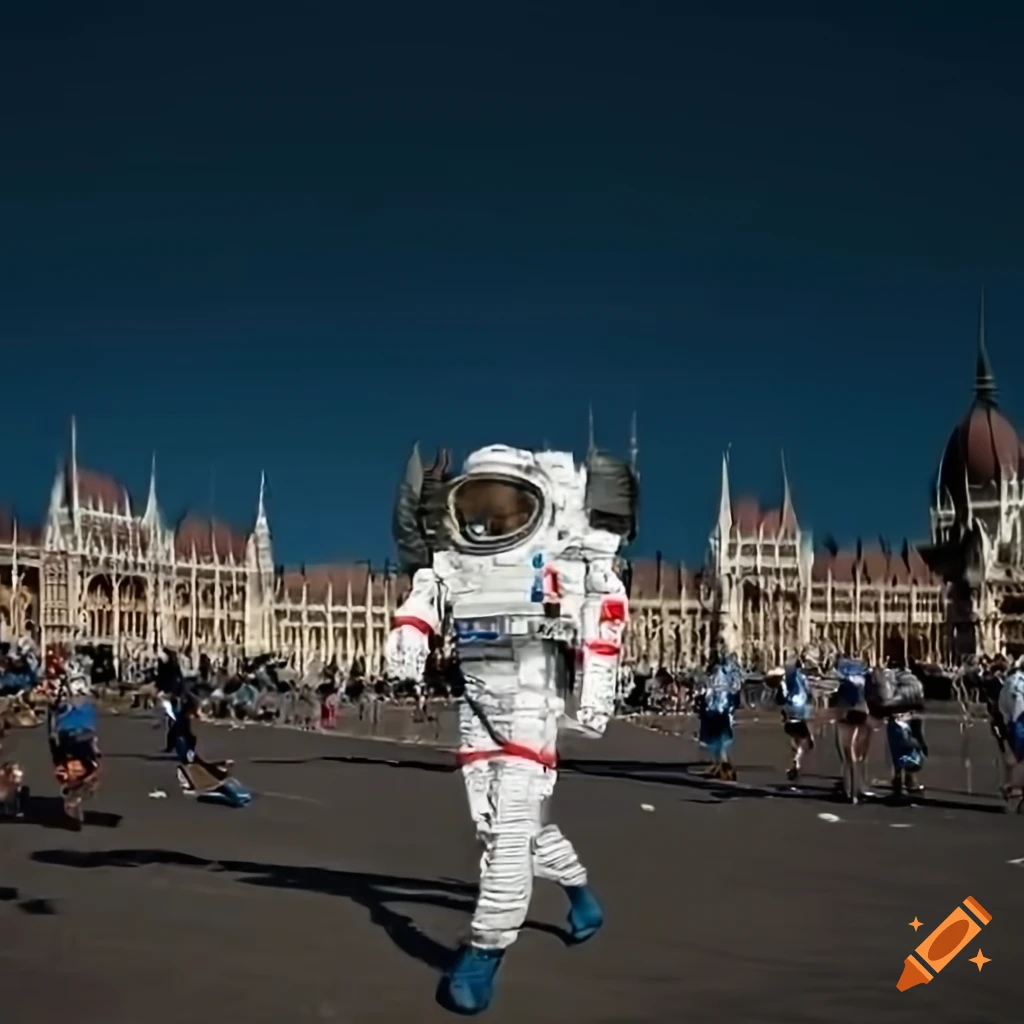 Photo-realistic image of an astronaut running beside Budapest ...