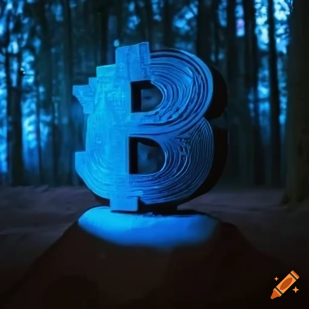Glowing bitcoin statue in the forest on Craiyon