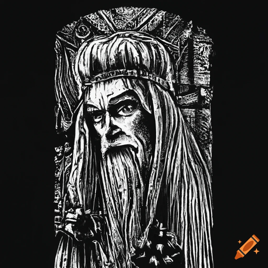 Black and white linoleum block print of a wizard tarot card on Craiyon