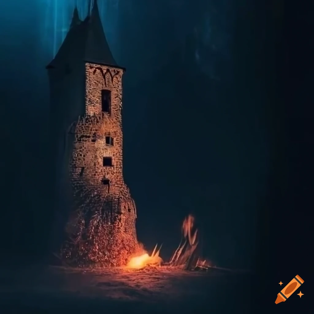 Night view of an illuminated old castle tower