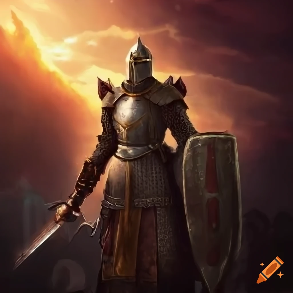 Victorious knight on a battlefield under an angelic sky on Craiyon