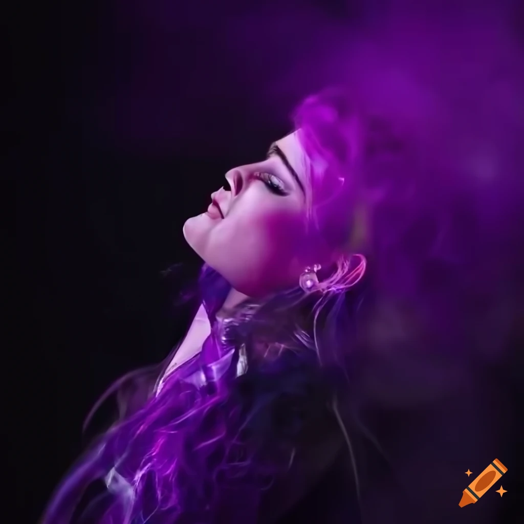 Closeup of a glowing female spirit with purple hair and makeup on Craiyon
