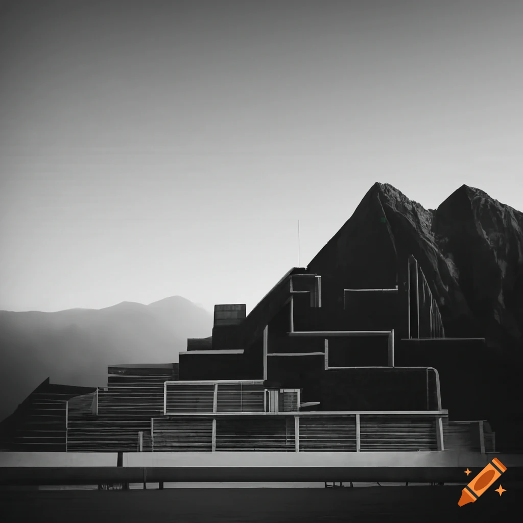 Black and white photo of a square building on a mountain on Craiyon