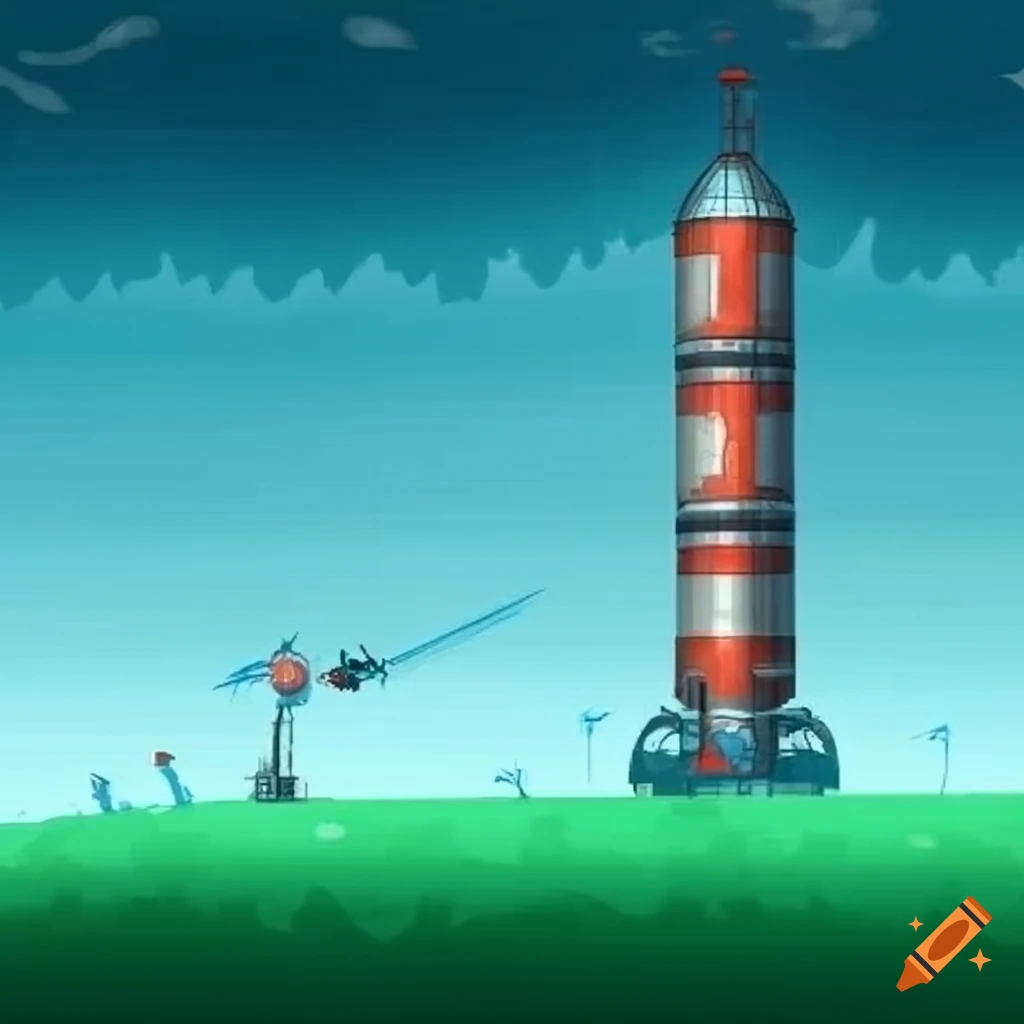 2D game graphics of a rocket silo on Craiyon